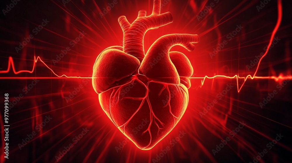 An anatomical diagram of a human heart with bright red pulse lines ...