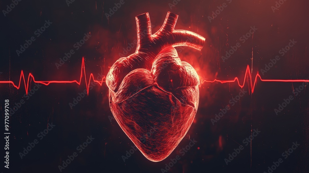 An educational graphic of a human heart with animated red pulse lines ...