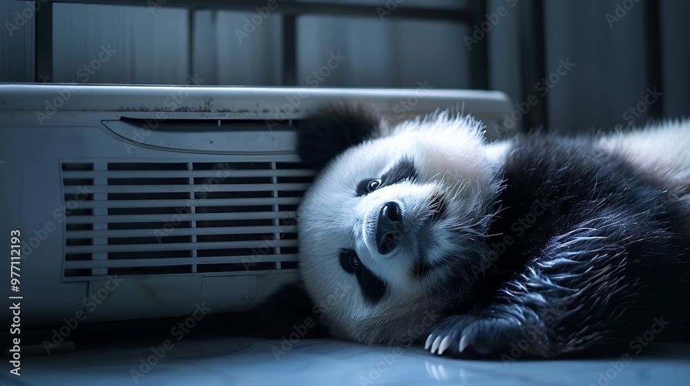 Lovely calm panda resting with its legs up in front of an air ...