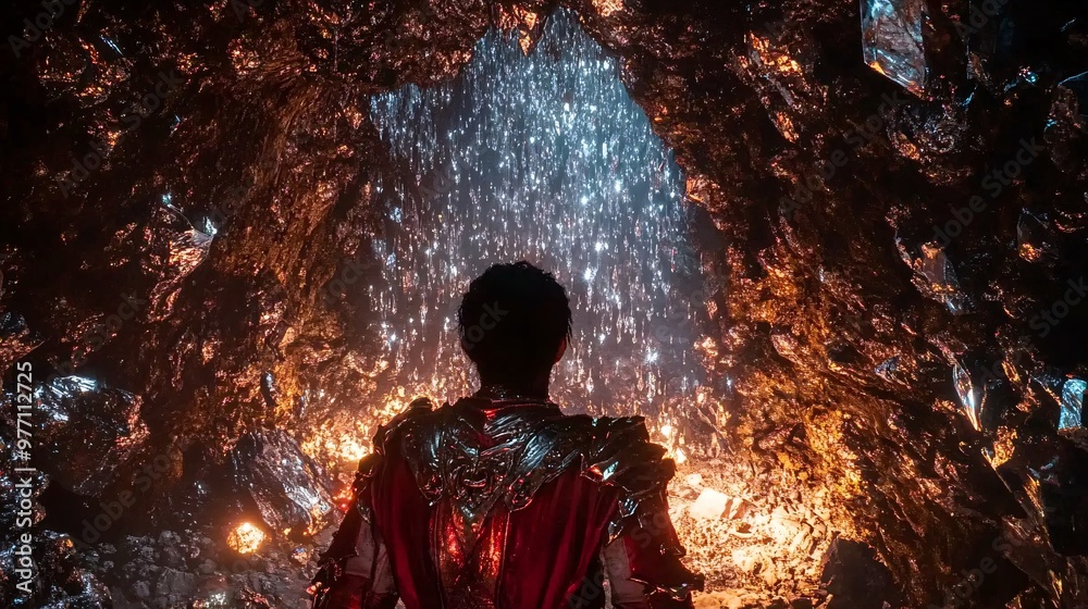 A powerful wizard casting a spell in a glowing cave full of crystals ...