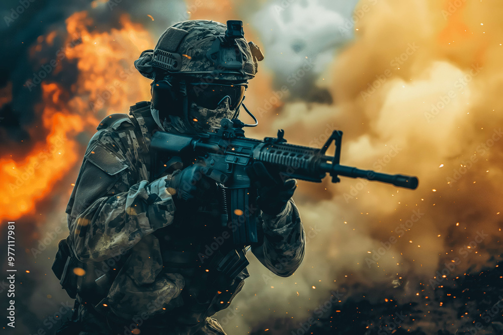 soldier in modern combat gear combat uniform in camouflage colors with ...