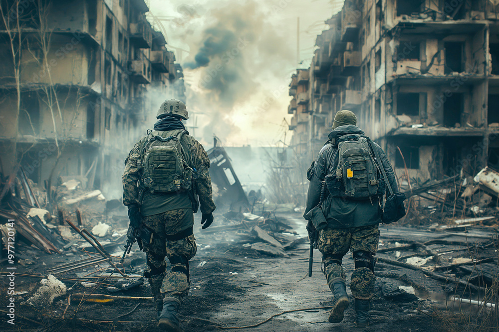 Two mercenary soldiers walk after the successful completion of the ...