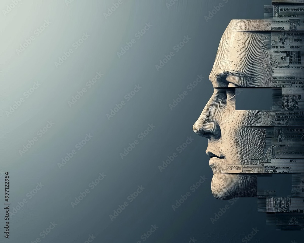 Abstract digital patterns merging with fading banknotes, representing ...