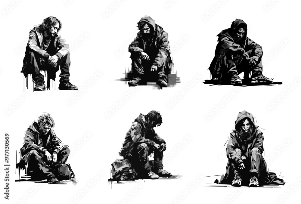 Homeless seated pensive person in various poses, vector illustration ...