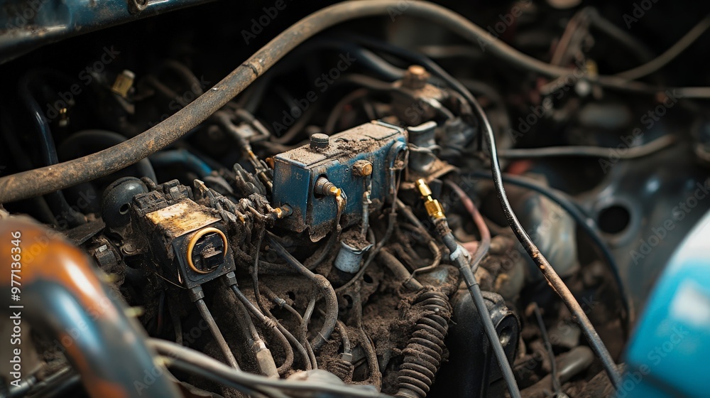 Engine wiring is shown with visible damage from rats, including torn ...
