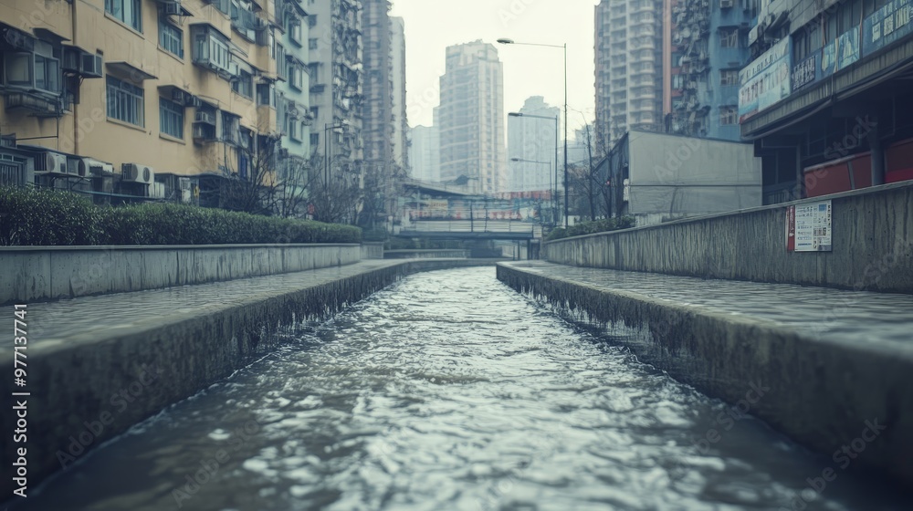 In an urban environment, a drainage channel with flowing water is ...