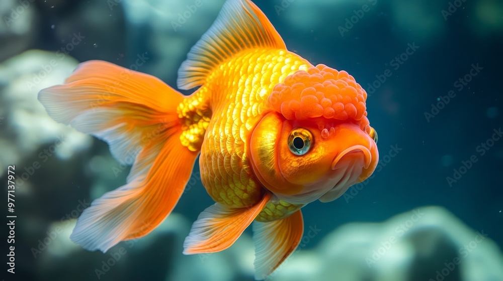 In the aquarium fish tank, the Oranda goldfish's bright orange scales ...