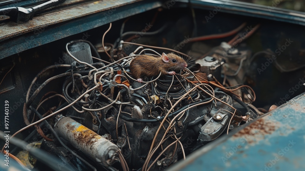 The image depicts a car engine with wiring severely damaged by rats ...