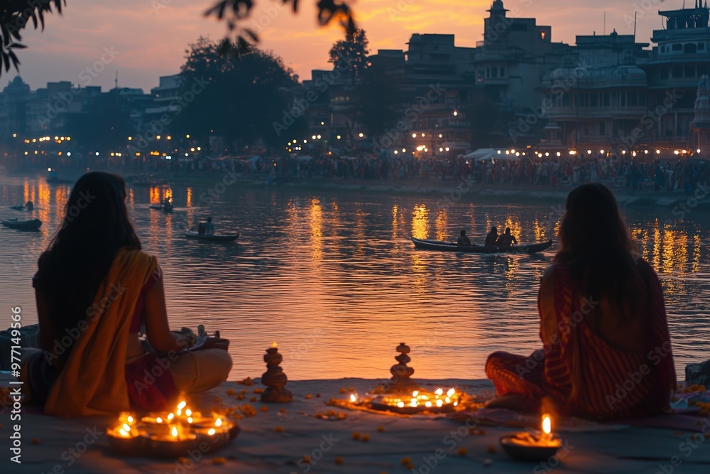 Women performing evening puja ritual on ganges river at sunset with cityscape in background ...
