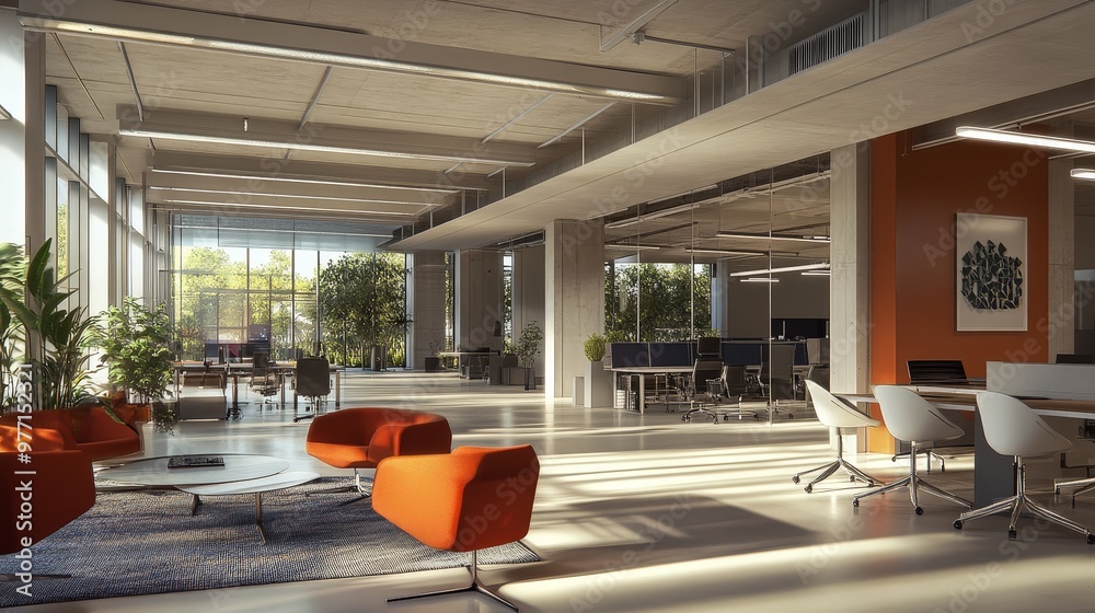 Create a 3D architectural visualization of a high-tech office building ...