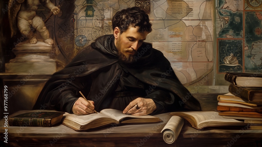 St Francis de Assisi Catholic friar writing holy scripture in bible ...