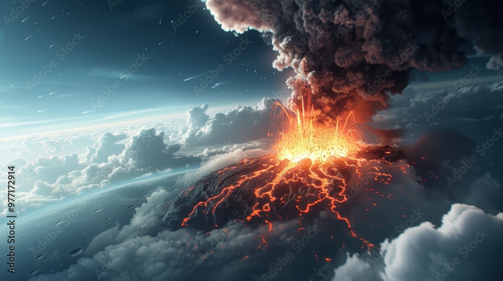 Digital illustration portraying the powerful eruption of volcanoes on ...