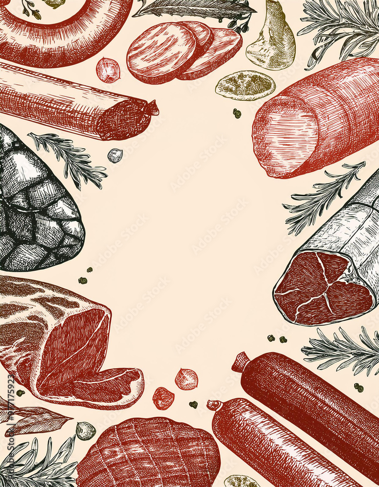 Vintage meat products design template. Hand drawn ham, sausages, jamon ...