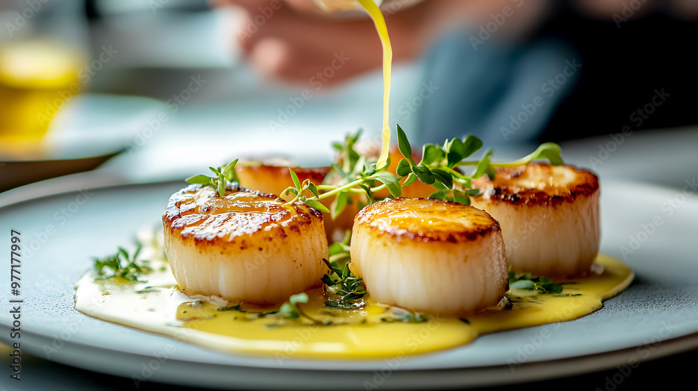 Pan-seared scallops being plated with a drizzle of lemon butter sauce ...