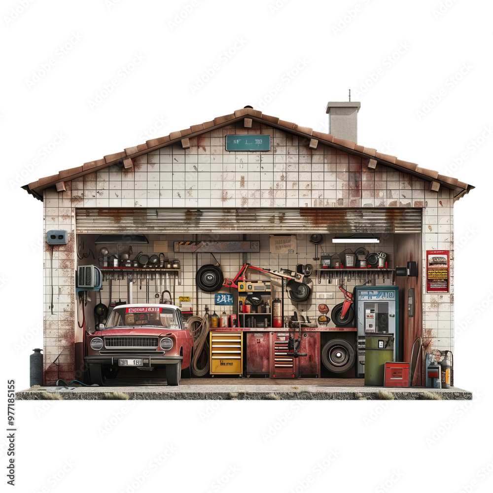 Old vintage car inside a mechanic workshop garage with open roller ...