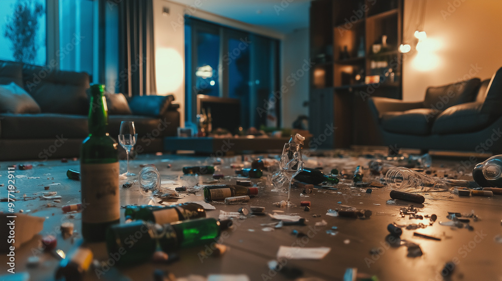 Messy living room floor covered with trash after house party Stock ...