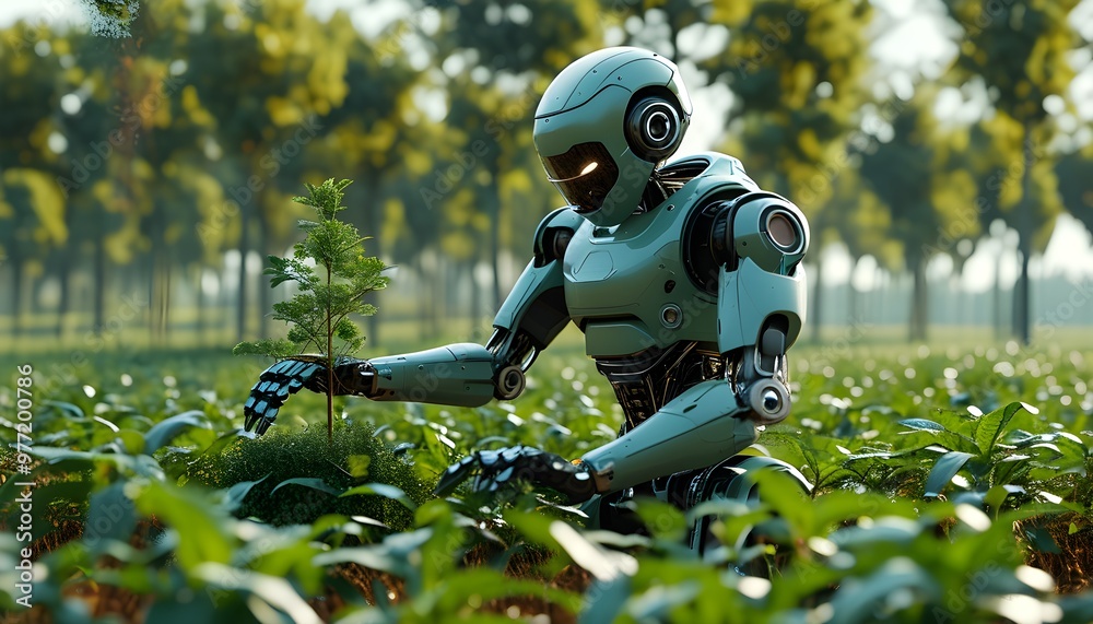 Hyperrealistic depiction of a robot planting trees in a vast field ...