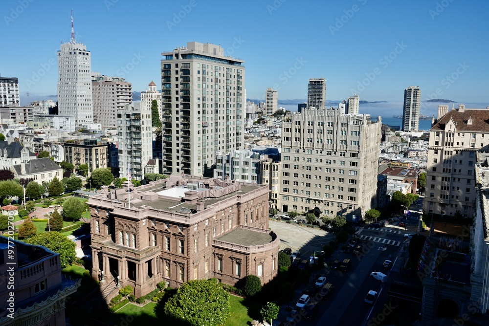 Skyline view including The James C Flood Mansion, Alcatraz Island and ...