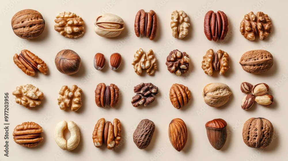 Assorted Nuts, A variety of nuts displayed on a light beige background ...