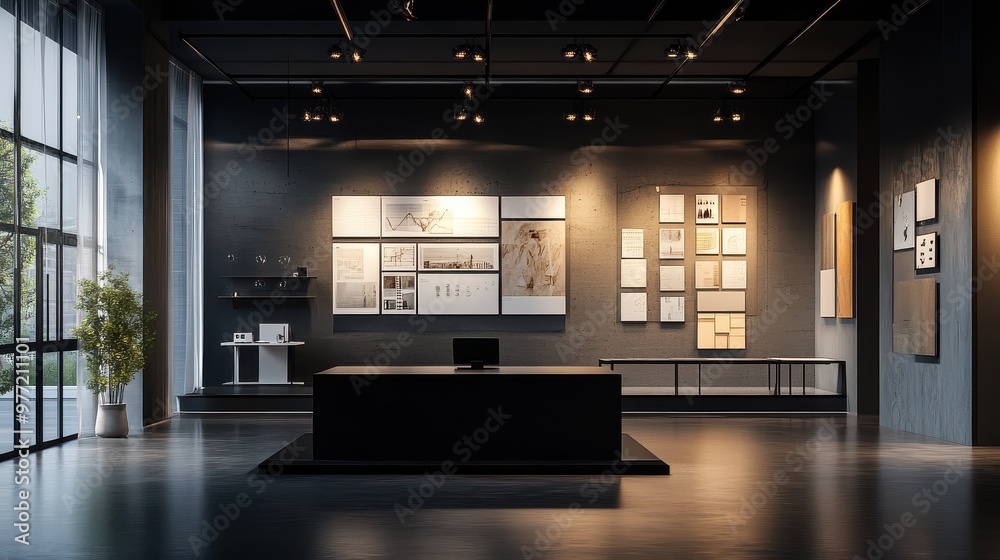 Matte black podium in a creative design studio, mood boards on the ...