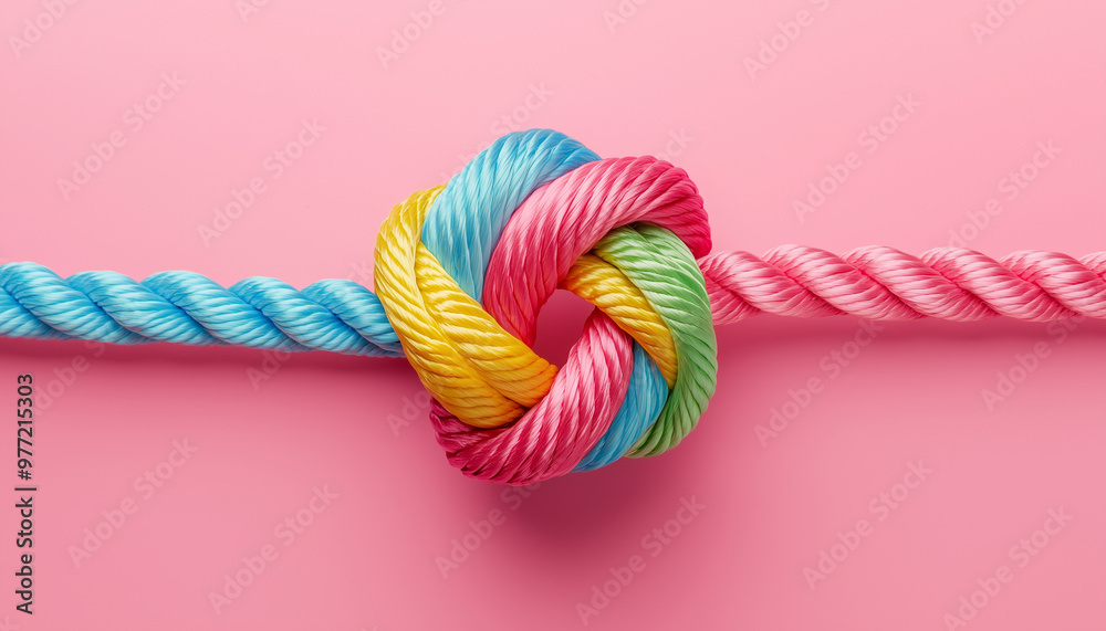 ropes of different colors tied into a knot, pink background, concept of ...