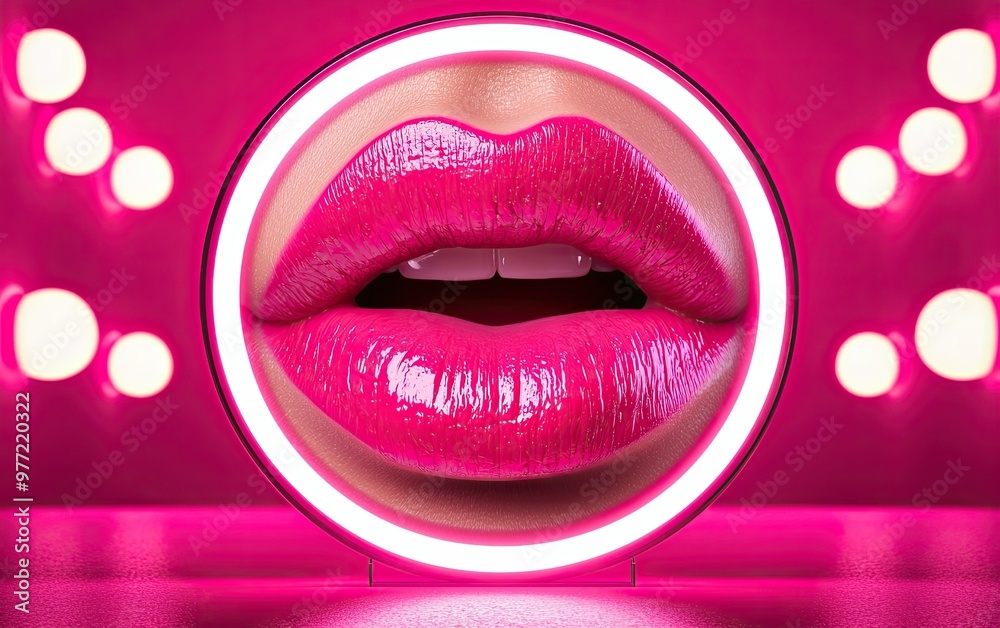 Sensuous lips, with light bouncing off their curves, background shows a ...