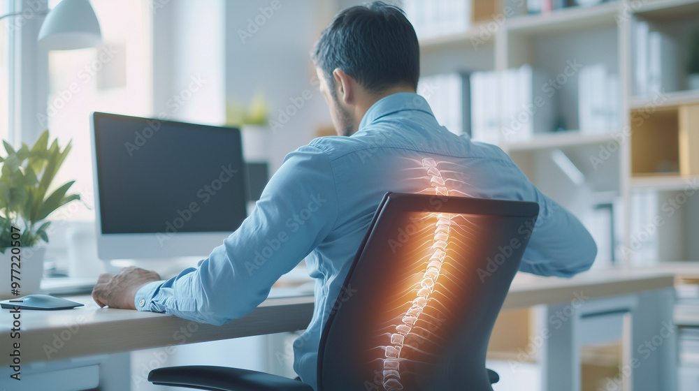person sitting at a desk with a noticeable slouch or poor posture ...