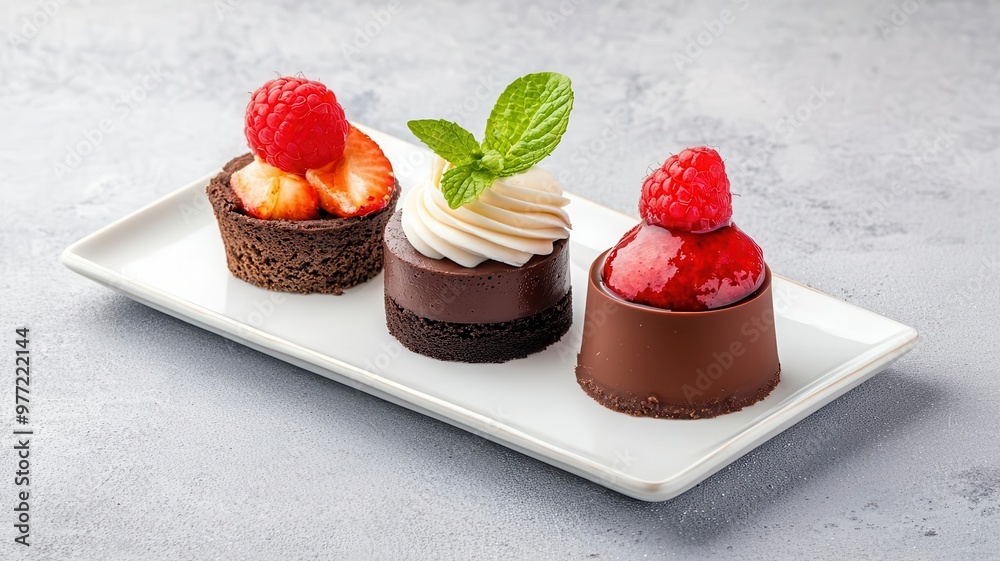 Elegantly plated dessert trio, with each element chocolate mousse ...