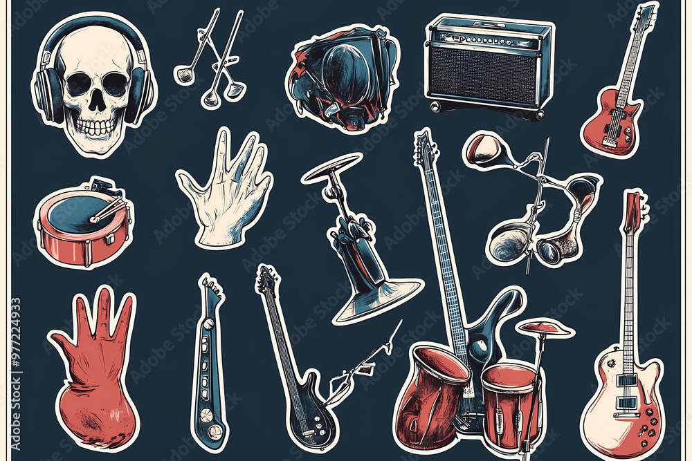 Sticker sheet of various rock and roll elements in a comic style, such ...