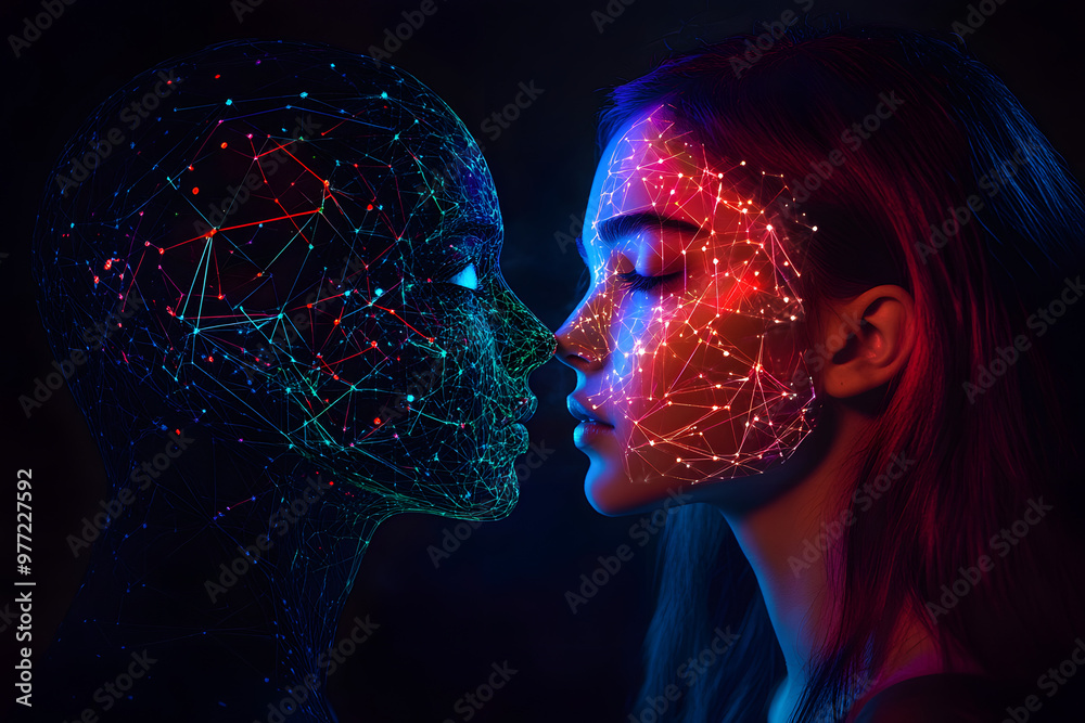 Human and AI neural connection concept, face to face interaction ...