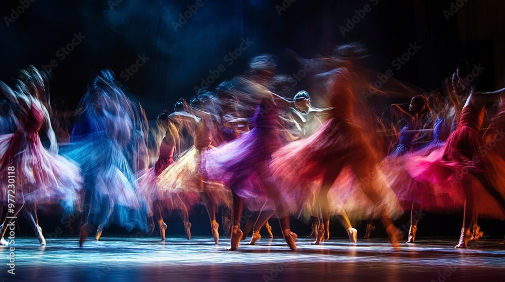 Motion blur of dancers on stage creates an ethereal effect, showcasing ...