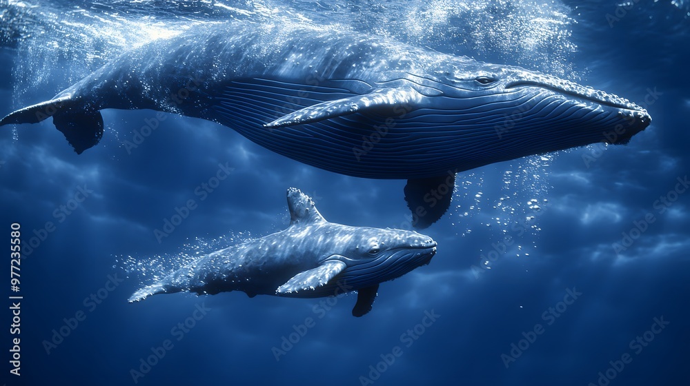 Mother Whale swimming with her puppy in crystal clear water, releasing ...