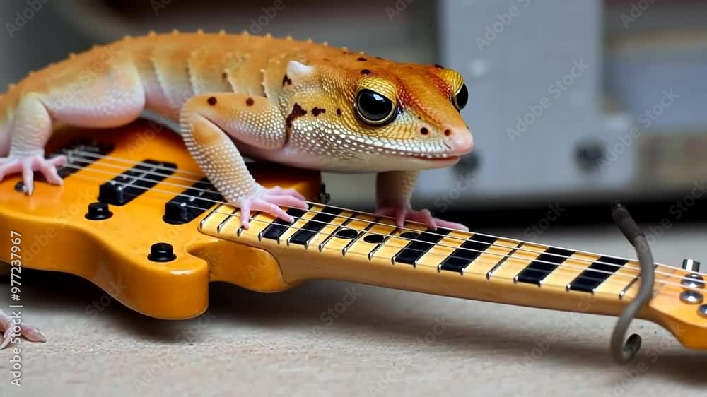 Leopard Gecko Playing on a Miniature Guitar in a Cozy Indoor Setting ...