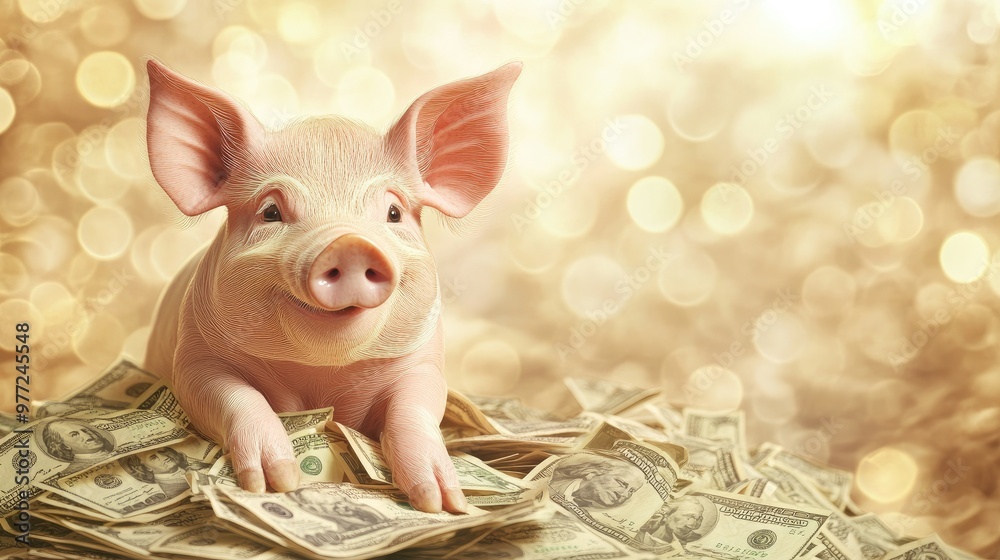 A pig sits comfortably on a heap of money, smiling as a symbol of ...