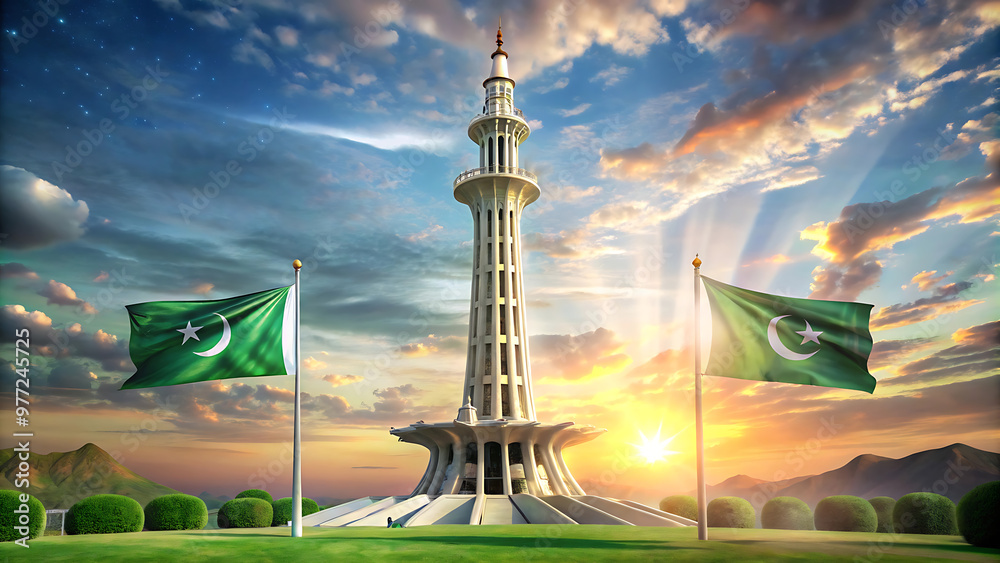 Pakistan day 14 August 1947. Pakistan map with monuments and flag of ...