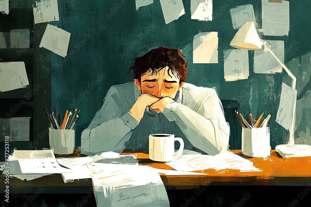Tired employee sitting slumped at a desk with a mug of coffee and ...