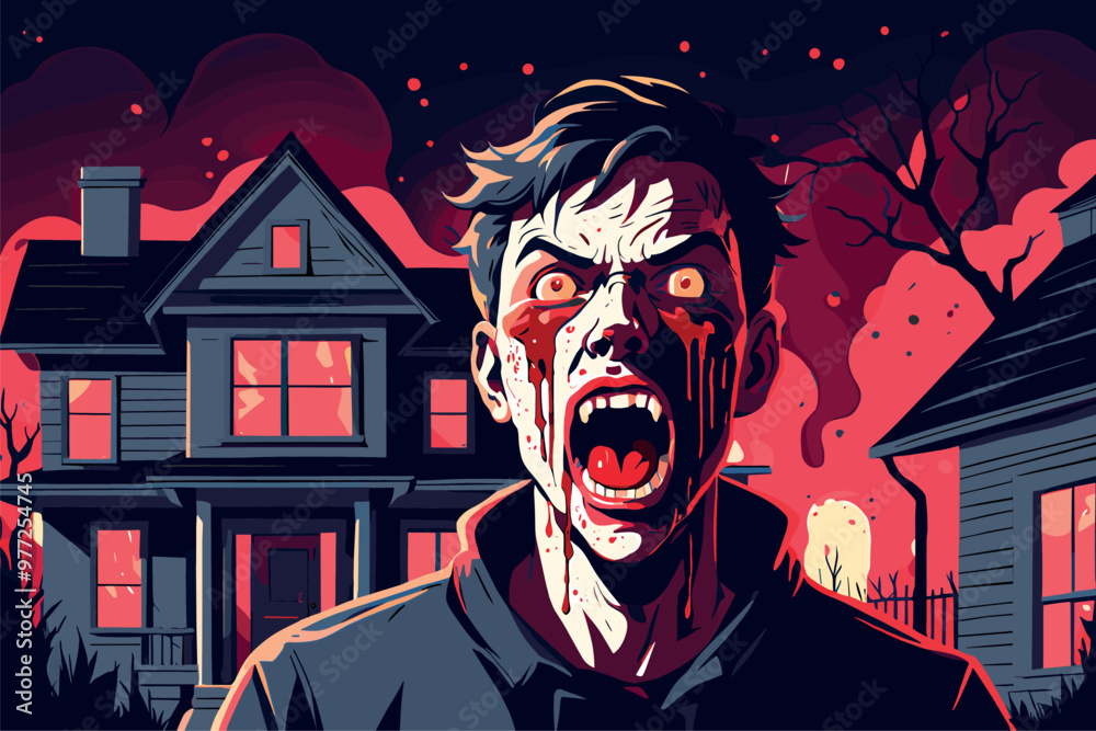 Horrifying Zombie in Front of a Haunted House at Night Stock Vector ...