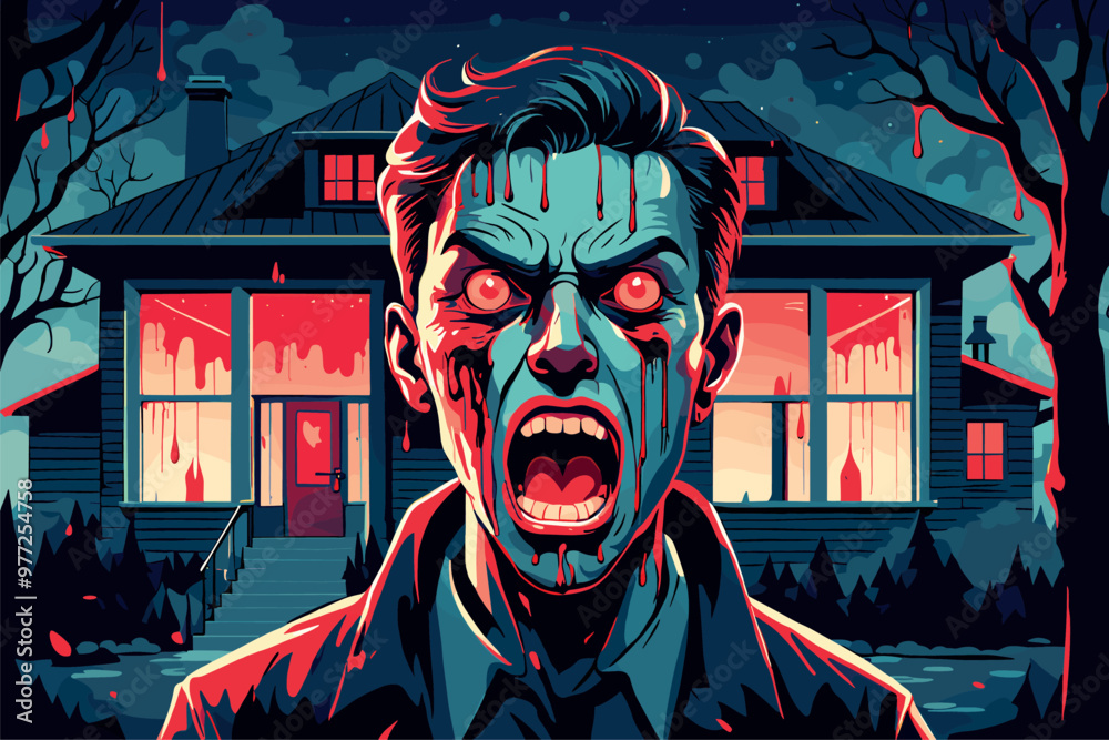 Horrifying Zombie in Front of a Haunted House at Night Stock Vector ...