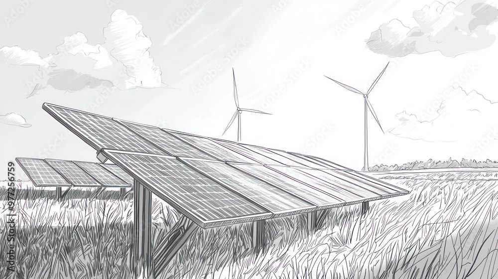 Sketch illustration of solar panels and wind turbines on a white ...