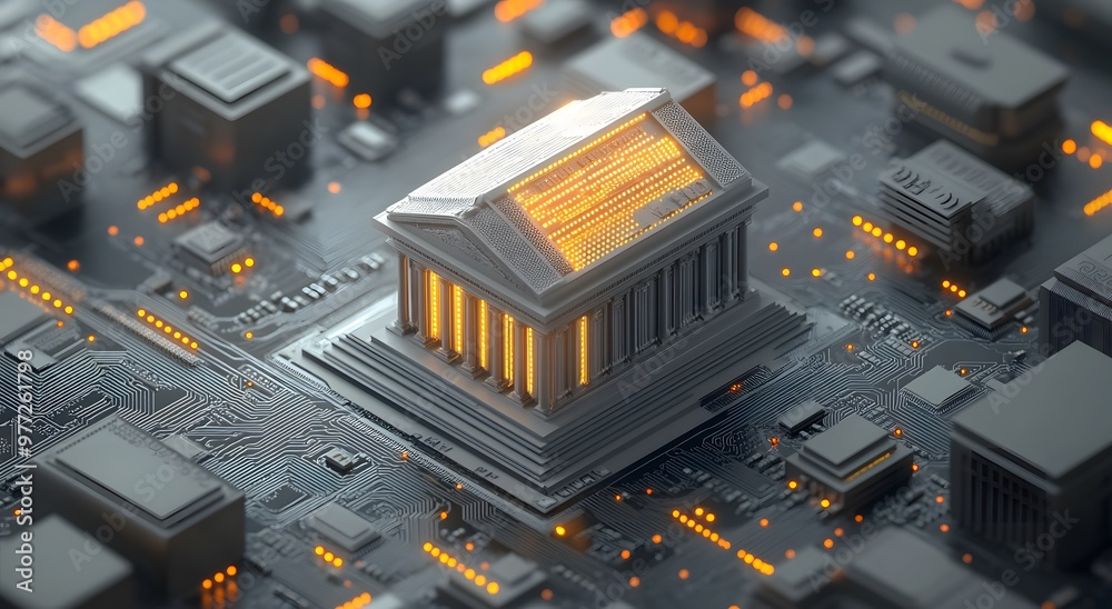 A futuristic banking interface, bank building on an electronic board ...