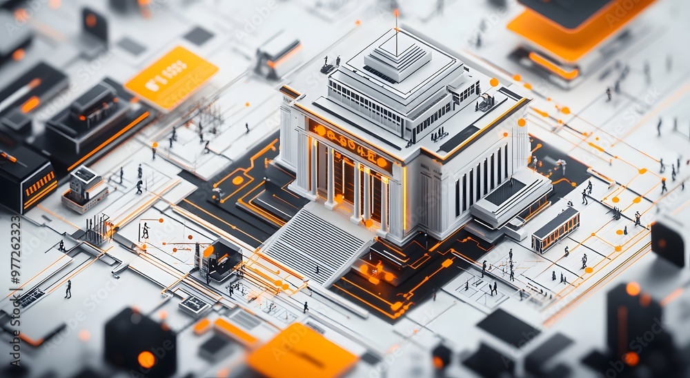 A futuristic banking interface, bank building on an electronic board ...