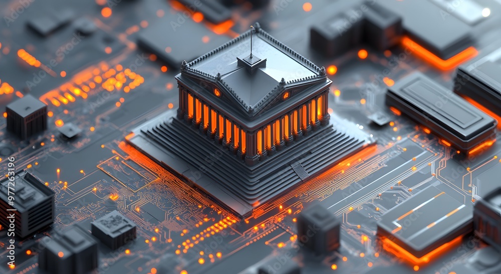 A futuristic banking interface, bank building on an electronic board ...