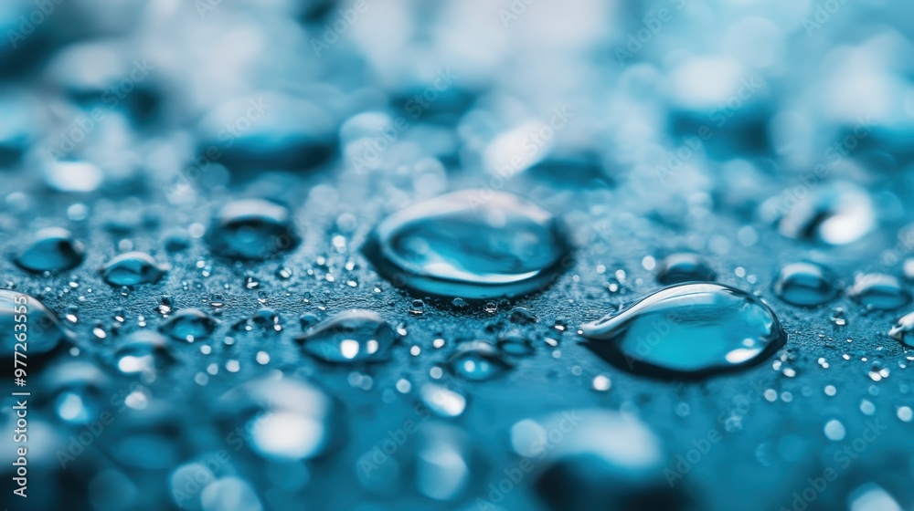 Multiple water droplets scattered on a surface, reflecting light and ...