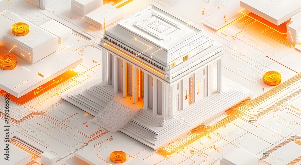 A futuristic banking interface, bank building on an electronic board ...