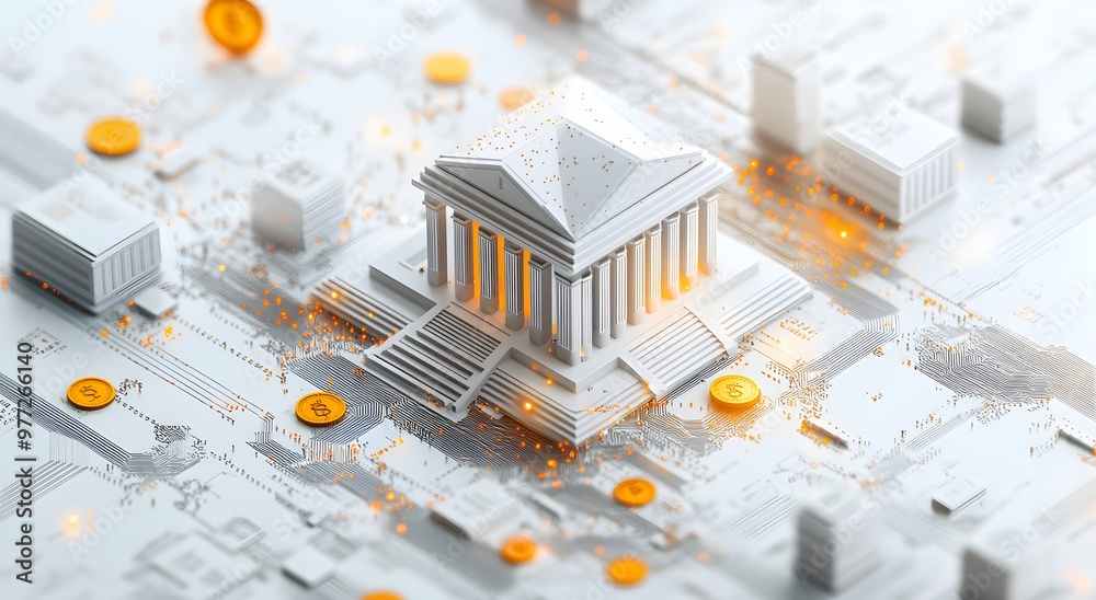 A futuristic banking interface, bank building on an electronic board ...