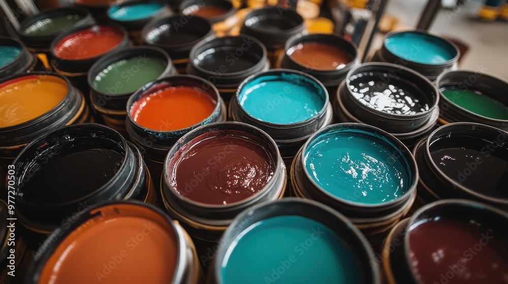 Various paint colors in open containers are displayed on a store shelf ...