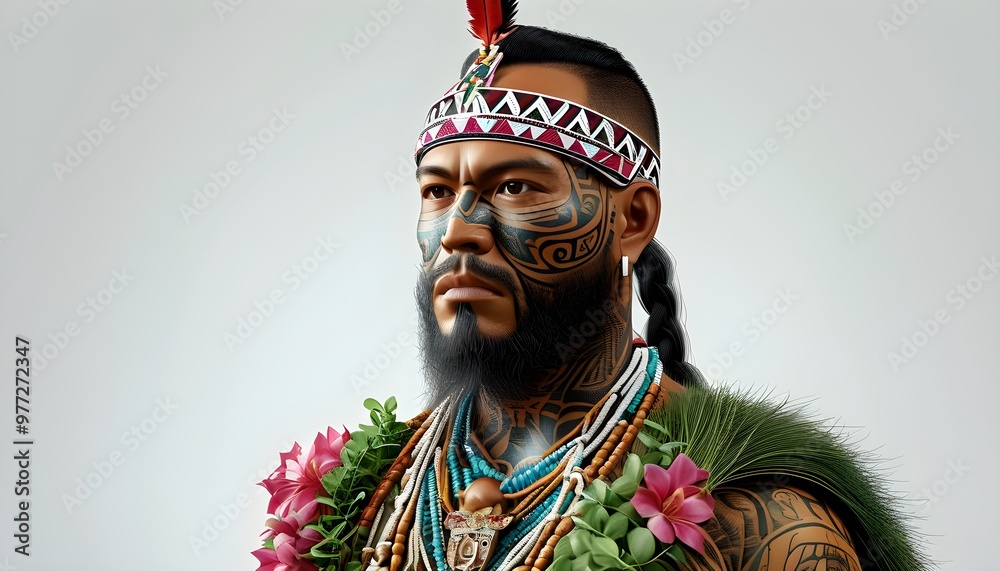 Samoan tattooed warrior in traditional lavalava and ceremonial ...