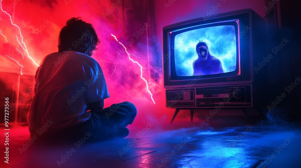 Person sitting in front of old TV watching horror movie, ghostly figure ...