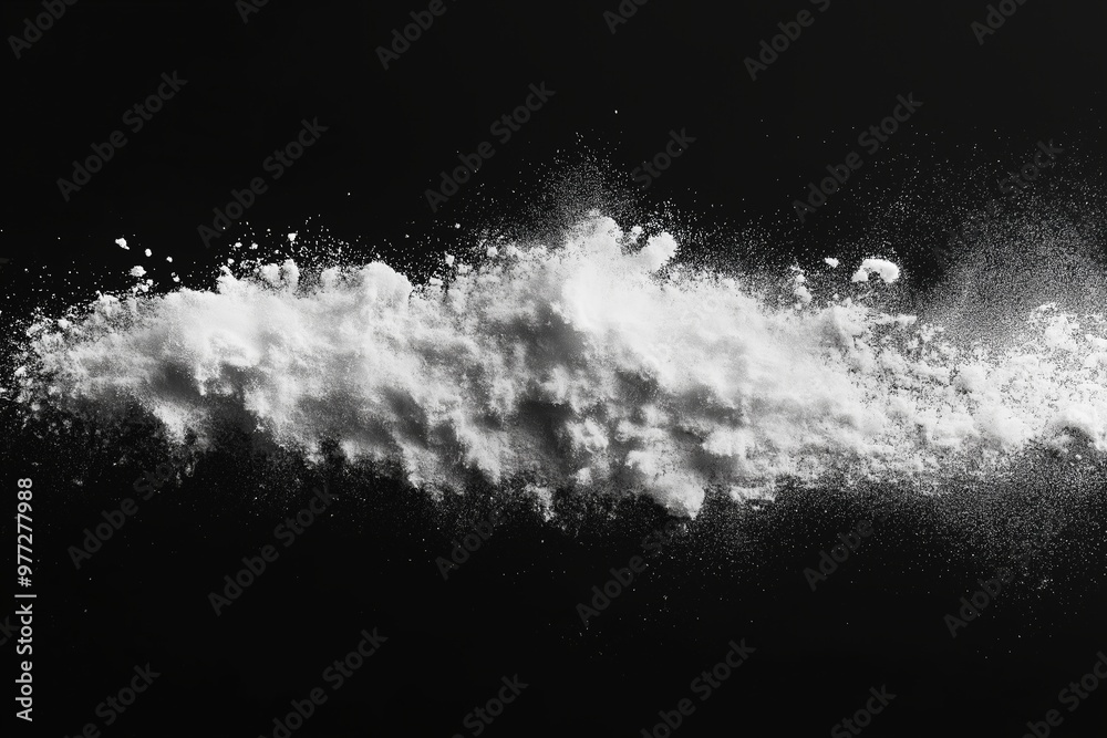 A white powdery substance is shown in a black background. The powder is ...