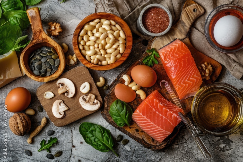 A selection of nutritious foods including fish, eggs, nuts, and spinach ...
